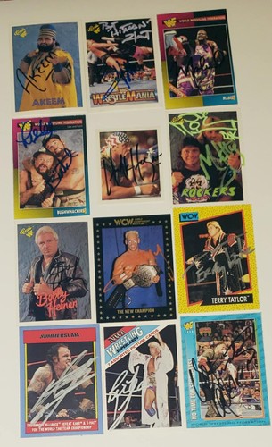 signed card lot of 12, undertaker, bret hart, akeem +, wwe, wcw, aew | eBay