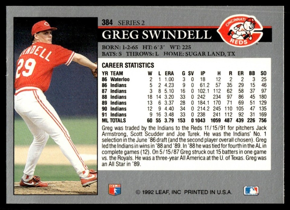1992 Leaf #384 Greg Swindell Cincinnati Reds | eBay