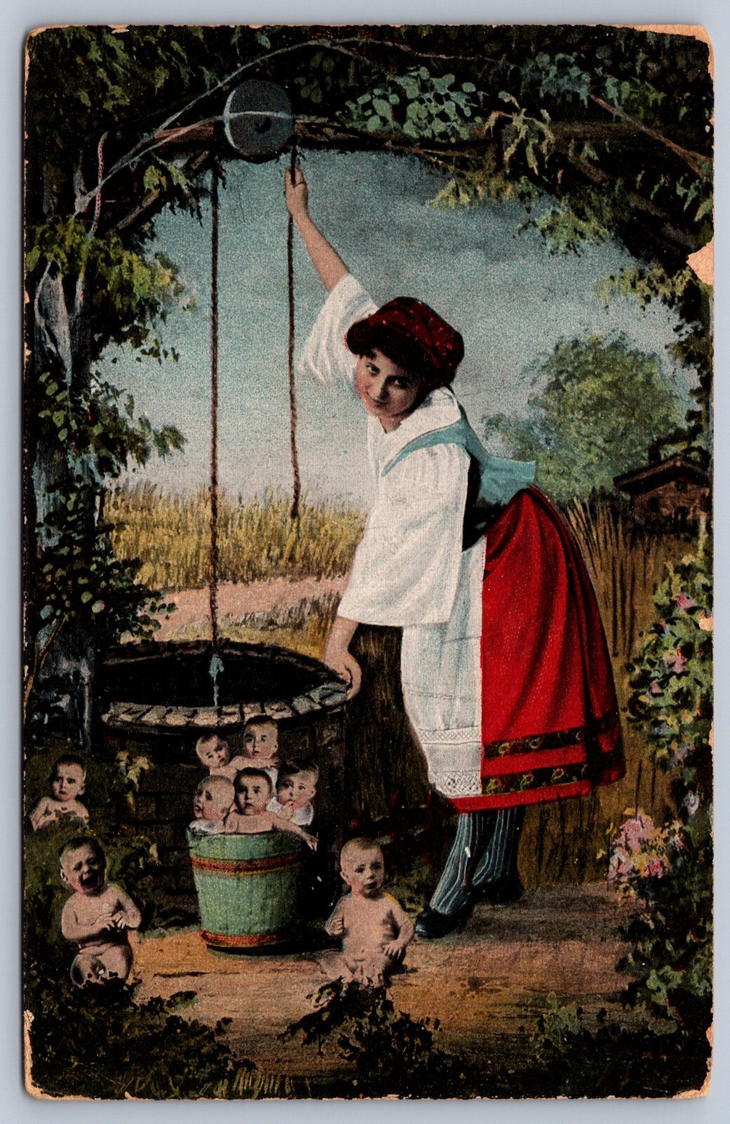 Postcard Multiple Babies Woman Pulling Buckets Full of Babies From Well ...