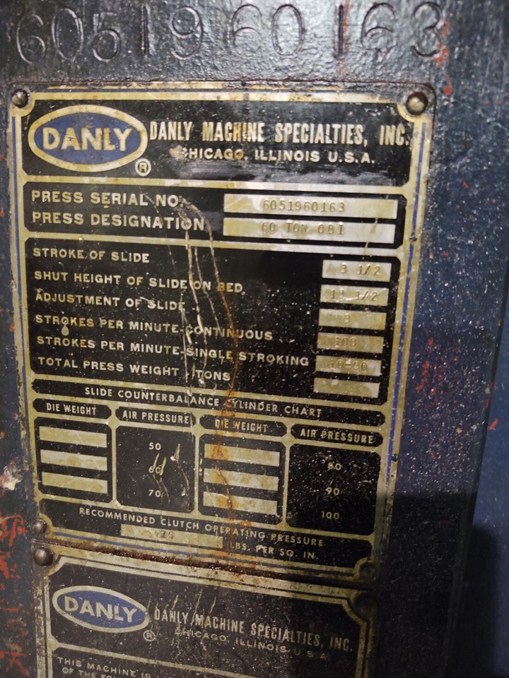 60 Ton Danly OBI Punch Press, Air Clutch and Brake | eBay