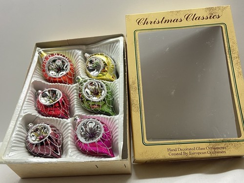 6 VTG Indent Hand Painted Glitter Teardrop Glass Christmas Ornaments ...