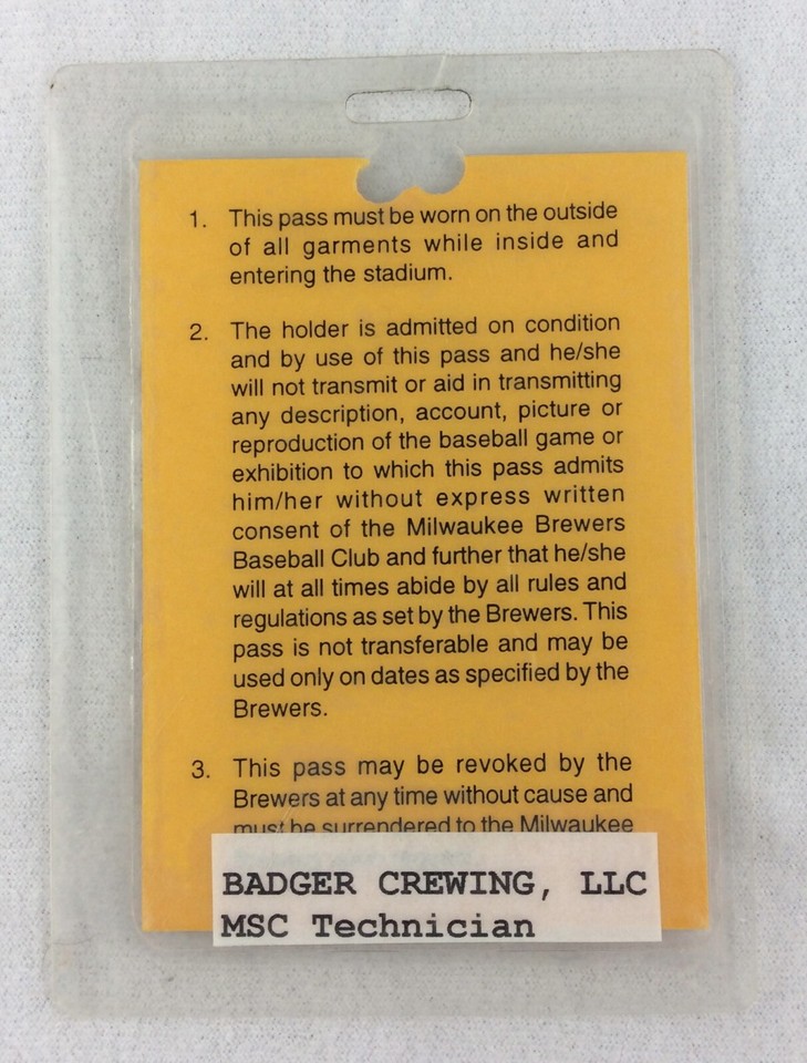 MLB 1999 Milwaukee Brewers Baseball Club TV Pass Credential #0025 ...