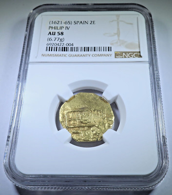 NGC AU-58 1621-65 Spanish Gold 2 Escudos Genuine 1600's Pirate Doubloon ...