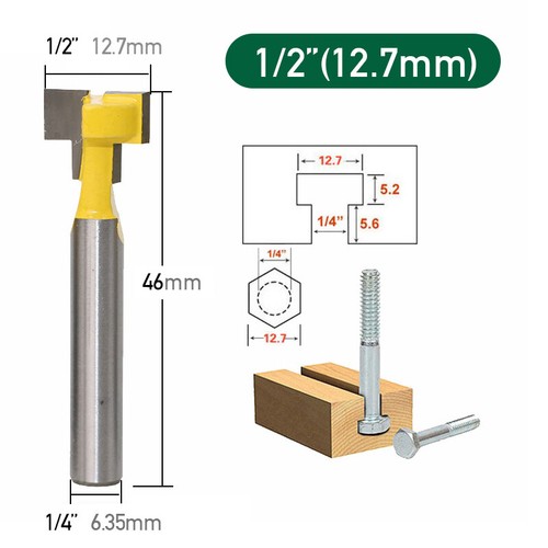1/4"(6.35mm) Shank T-Track T-Slot Router Bit Keyhole HEX Bolt Cutter ...