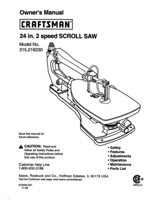 Craftsman 315.216230 Scroll Saw Owners Instruction Manual | eBay