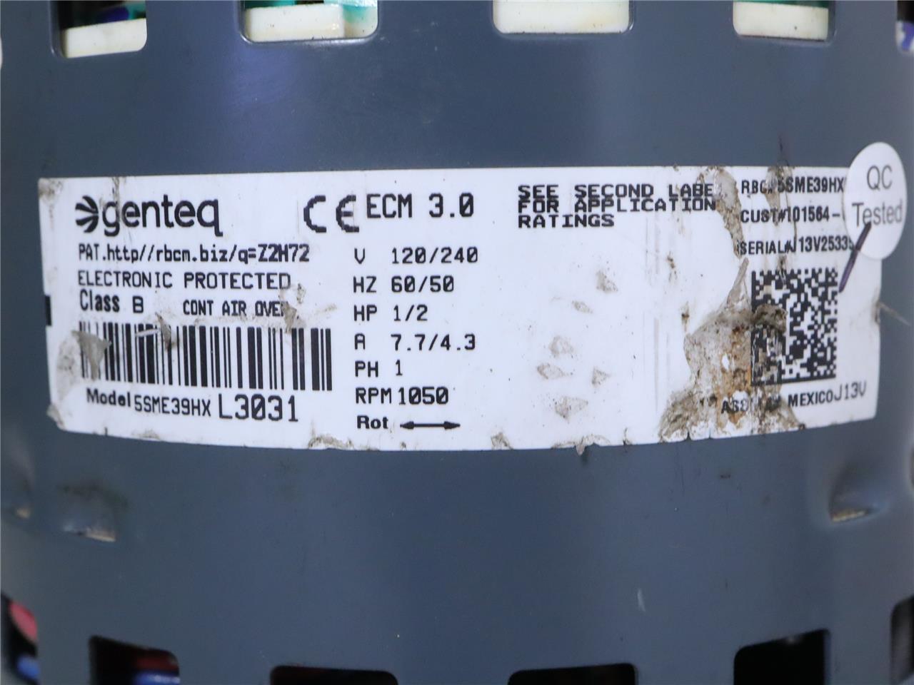 Genteq 5SME39HXL3031 ECM 3.0 Blower Motor 1/2HP 120/240V 1050RPM 101564 ...