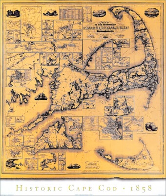 CAPE COD 1858 Wall Map 22x26 POSTER Print (Nantucket, Dukes, Barnstable ...