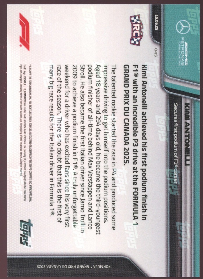 2025 Topps Now F1 Formula 1 First Podium of Career #45 Kimi Antonelli ...
