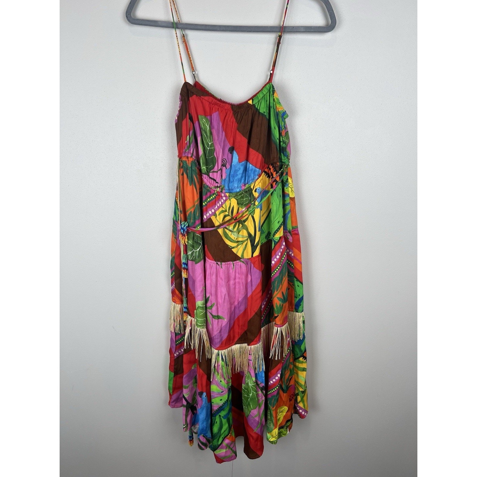 Farm Rio Palila Tiered Fringe Midi Dress Tropical Sz … - Gem