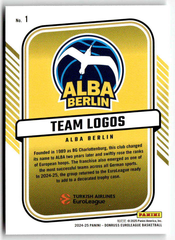 2024-25 Donruss Euroleague Panini No. 1 Alba Berlin Team Logos Laser 88 ...