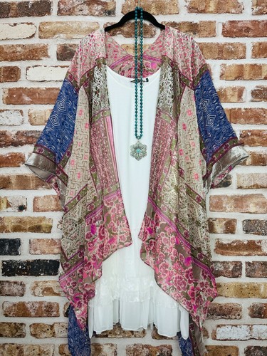 Plus Size Boho Hippie Floral Ethnic Velvet Burnout Kimono pink Cardigan ...