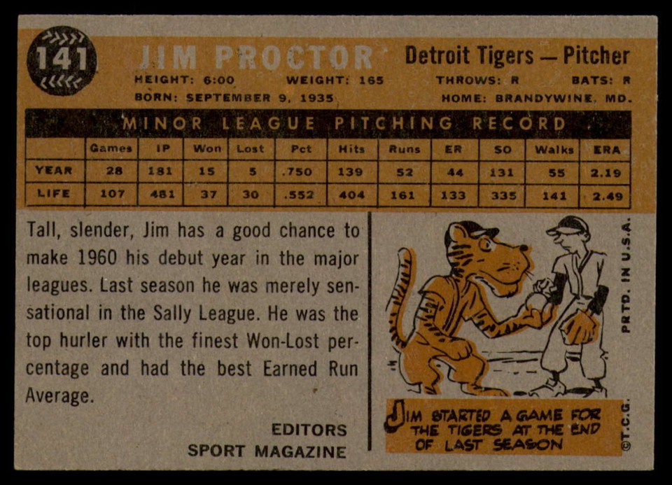 1960 Topps #141 Jim Proctor NM Near Mint RC Rookie Tigers RS ID:107580 | eBay