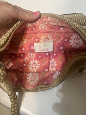 LINA Crochet Macrame Bag Natural Woven Shoulder Purse Lined Pockets ...
