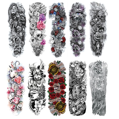 10 Sheets Fake Temporary Tattoo Large Full Arm Sticker Waterproof Long ...