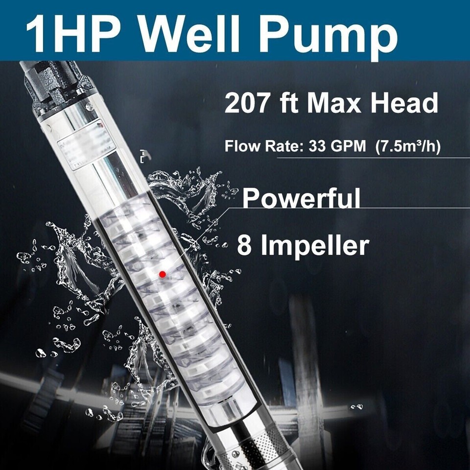 1HP Deep Well Submersible Pump 4", 115V, 33 GPM, 276FT Max,1.25in NPT ...