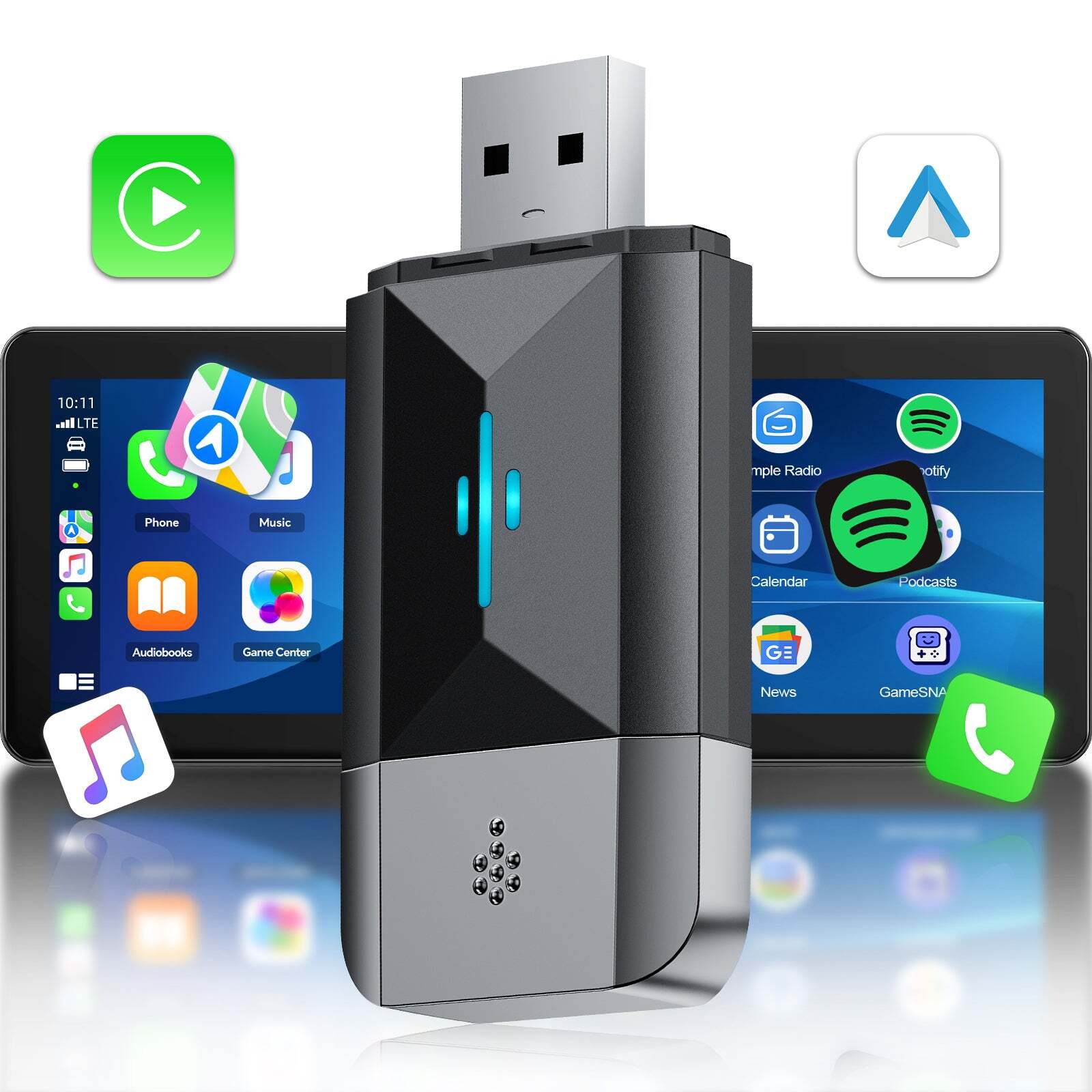 2 in 1 5Ghz WiFi USB Type-C Wireless Android Auto Adapter Apple CarPlay ...