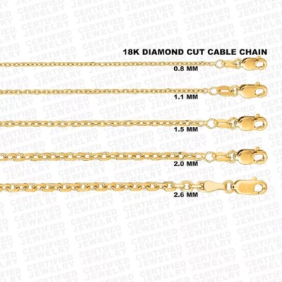 Solid 18kt Gold Diamond Cut Cable Chain 0.8mm, 1.1mm ,1.5mm & 2.6mm ...