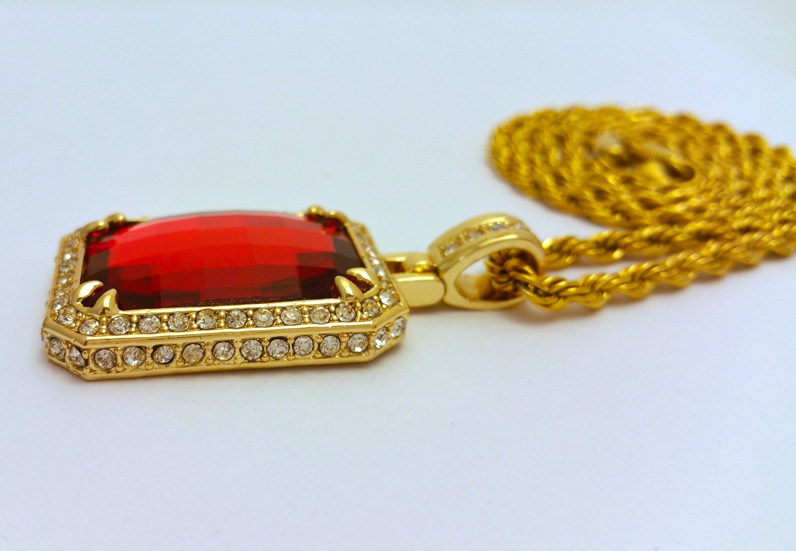 MENS HIP HOP RICH GANG HOMIE QUAN RED RUBY PENDANT ROPE CHAIN NECKLACE ...