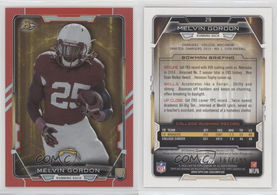 2015 Bowman Rookies Red Rainbow Foil 157/199 Melvin Gordon #29 h3a | eBay