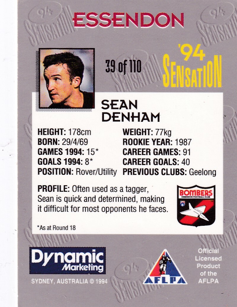 AFL 1994 Dynamic Essendon Bombers - Sean Denham Sensation Card No.39 of ...