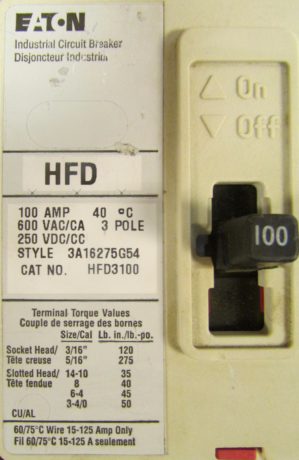 EATON CUTLER HAMMER HFD Breaker 100 AMP 3 POLE HFD3100 (French Canadian ...