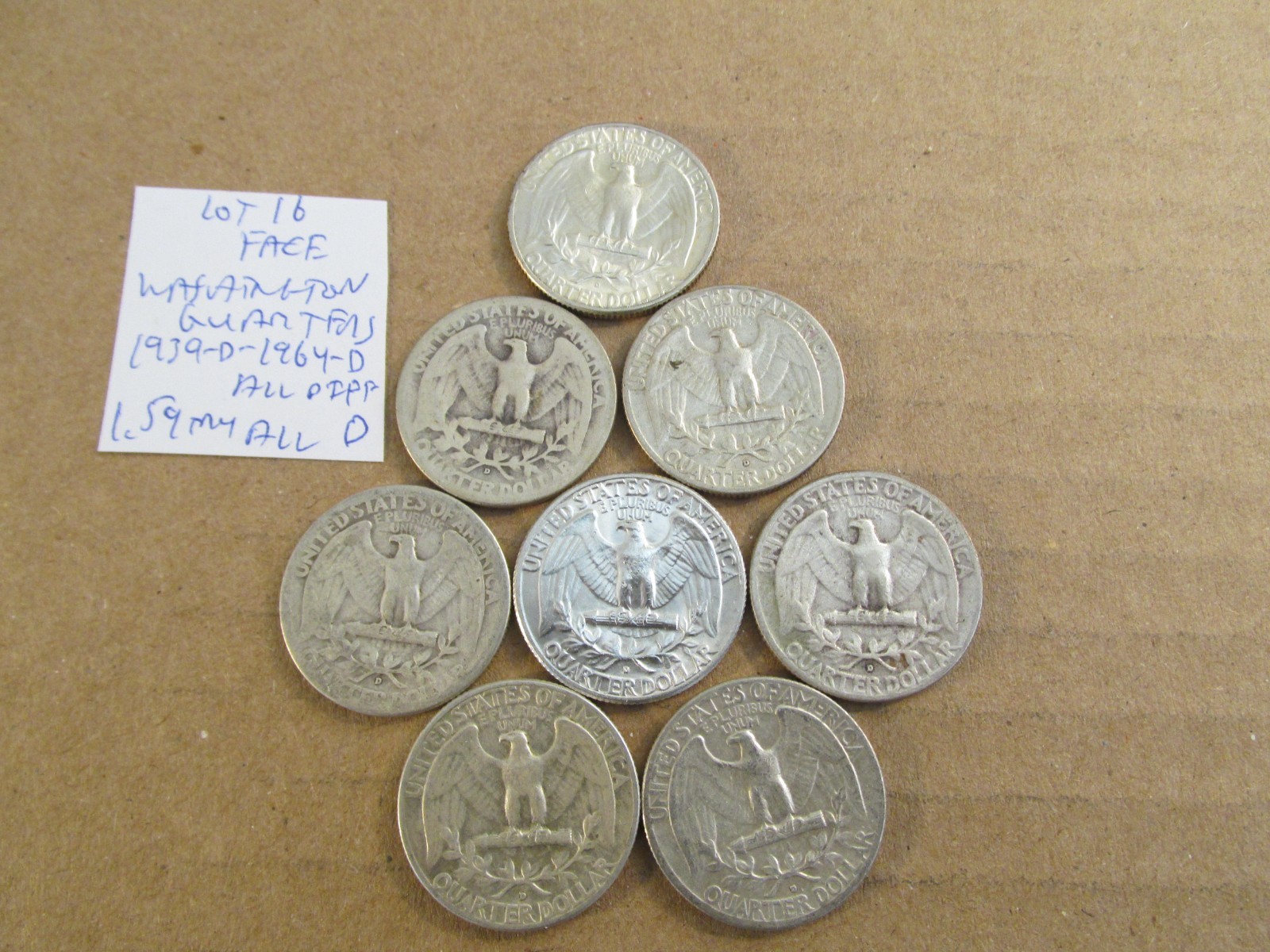$2 face~Washington Quarters~1939-d to 1964-d~90% Silver~1.59 tr ...