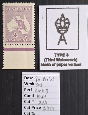 1919 Australia 9d Violet Kangaroo stamp 3rd WMK Die 2B MUH Cat $375.00 ...
