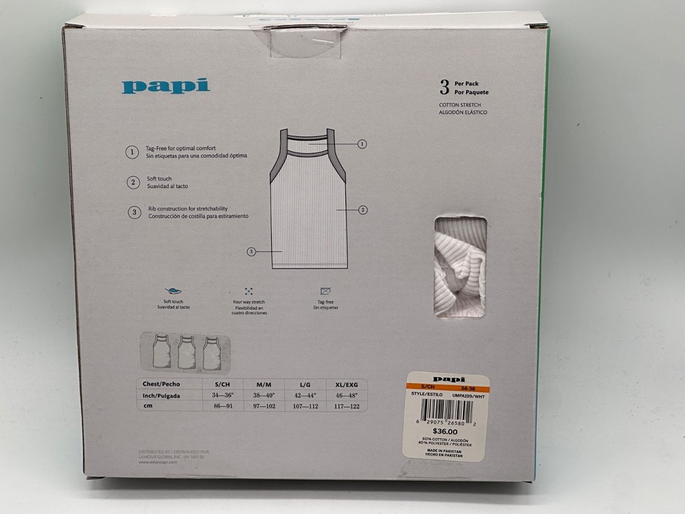 NEW 3 PACK MENS PAPI COTTON STRETCH SOFT TOUCH TAG FREE TANK TOPS WHITE ...