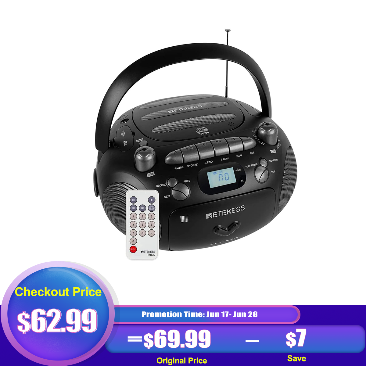 TR630 Portable CD/Cassette Tape Player AM/FM Radio Stereo Boombox ...