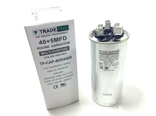 40/5 Mfd 370/440 Volt Round Dual Run Capacitor Tradepro 40+5 uF HVAC ...