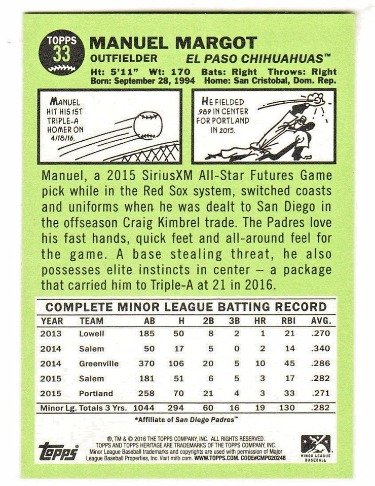 2016 Topps Heritage Minors #33 MANUEL MANNY MARGOT RC Rookie Tampa Bay ...