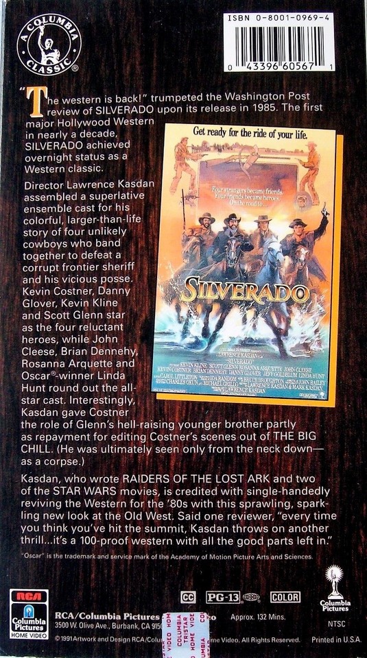 Silverado (VHS, 1985, VG) Scott Glenn, Kevin Kline, Danny Glover, Kevin ...