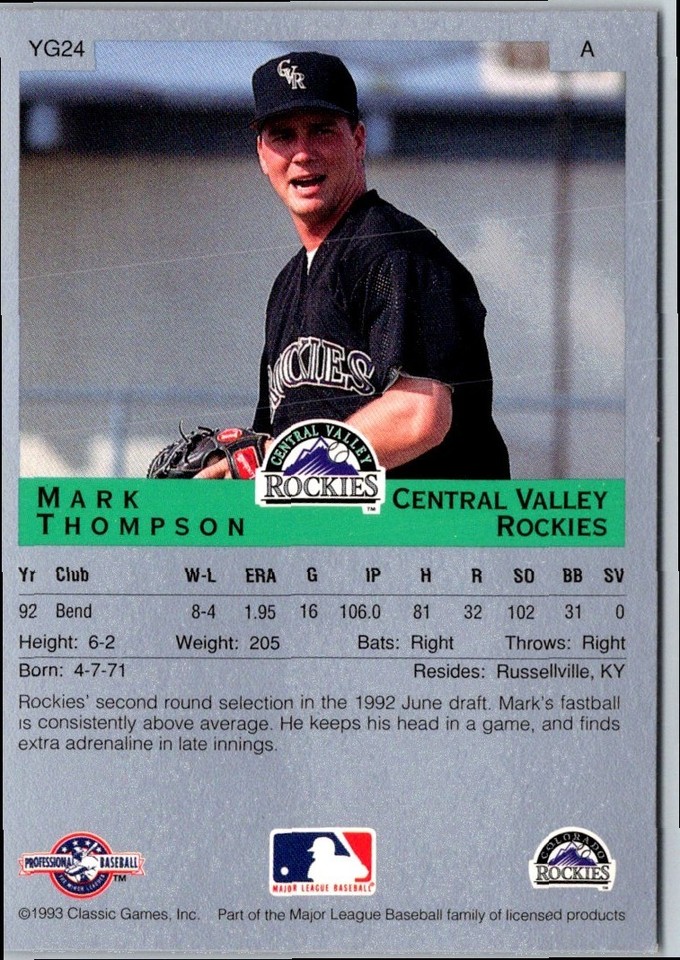 1993 Classic Best Young Guns Mark Thompson #YG24 Central Valley Rockies ...
