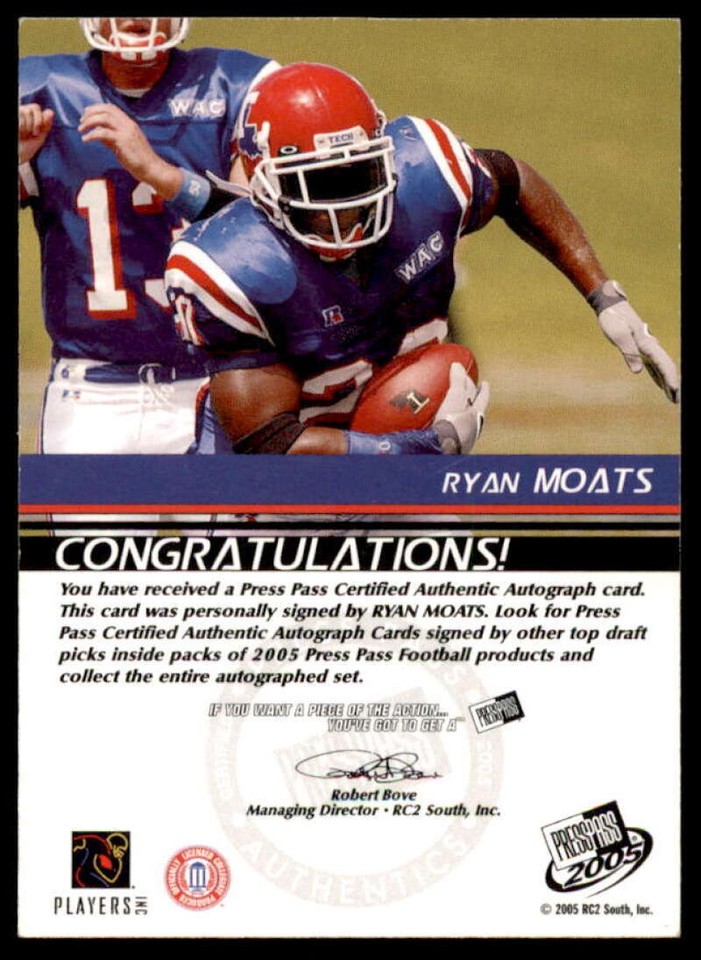 Ryan Moats Card 2005 Press Pass Autographs Bronze #37 | eBay