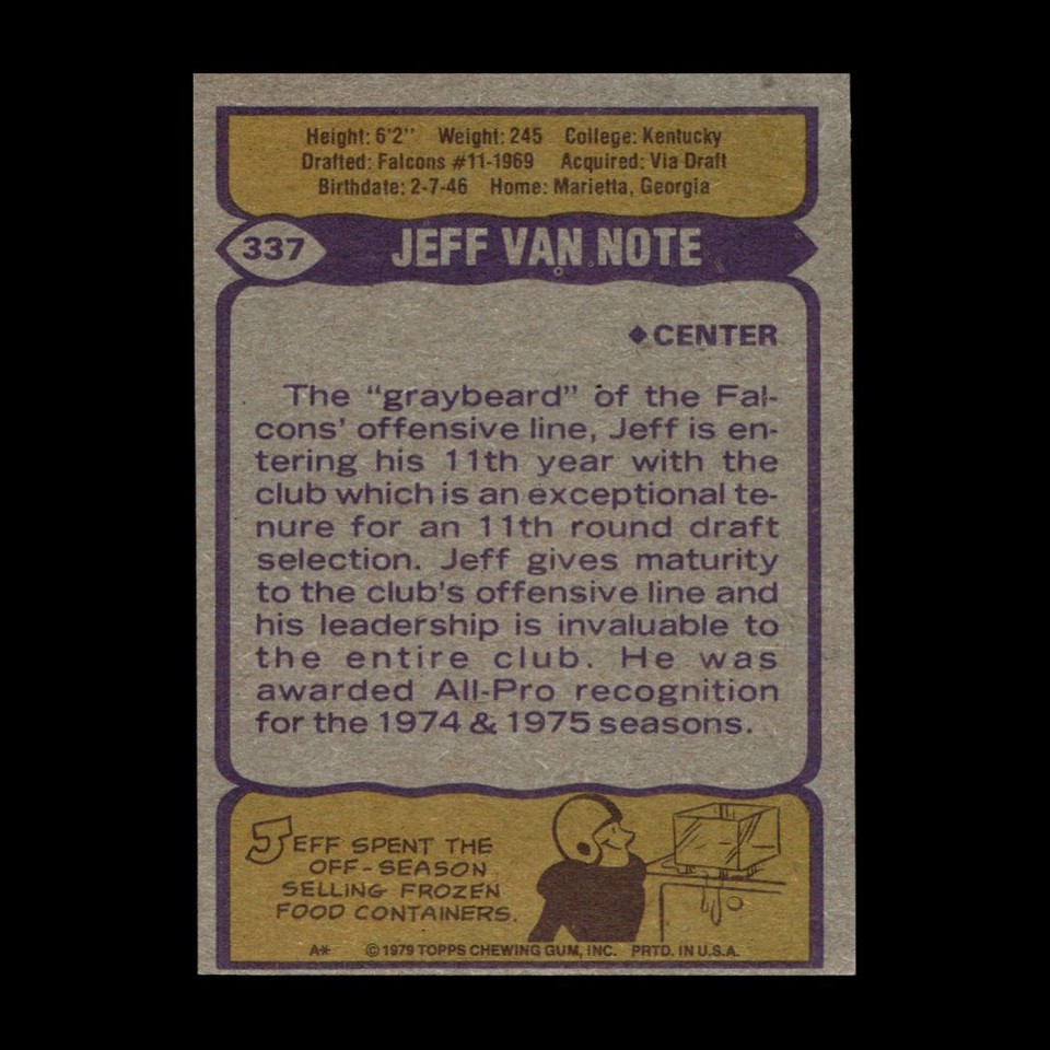 Jeff Van Note 1979 Topps Atlanta Falcons #337 R310I 1 | eBay