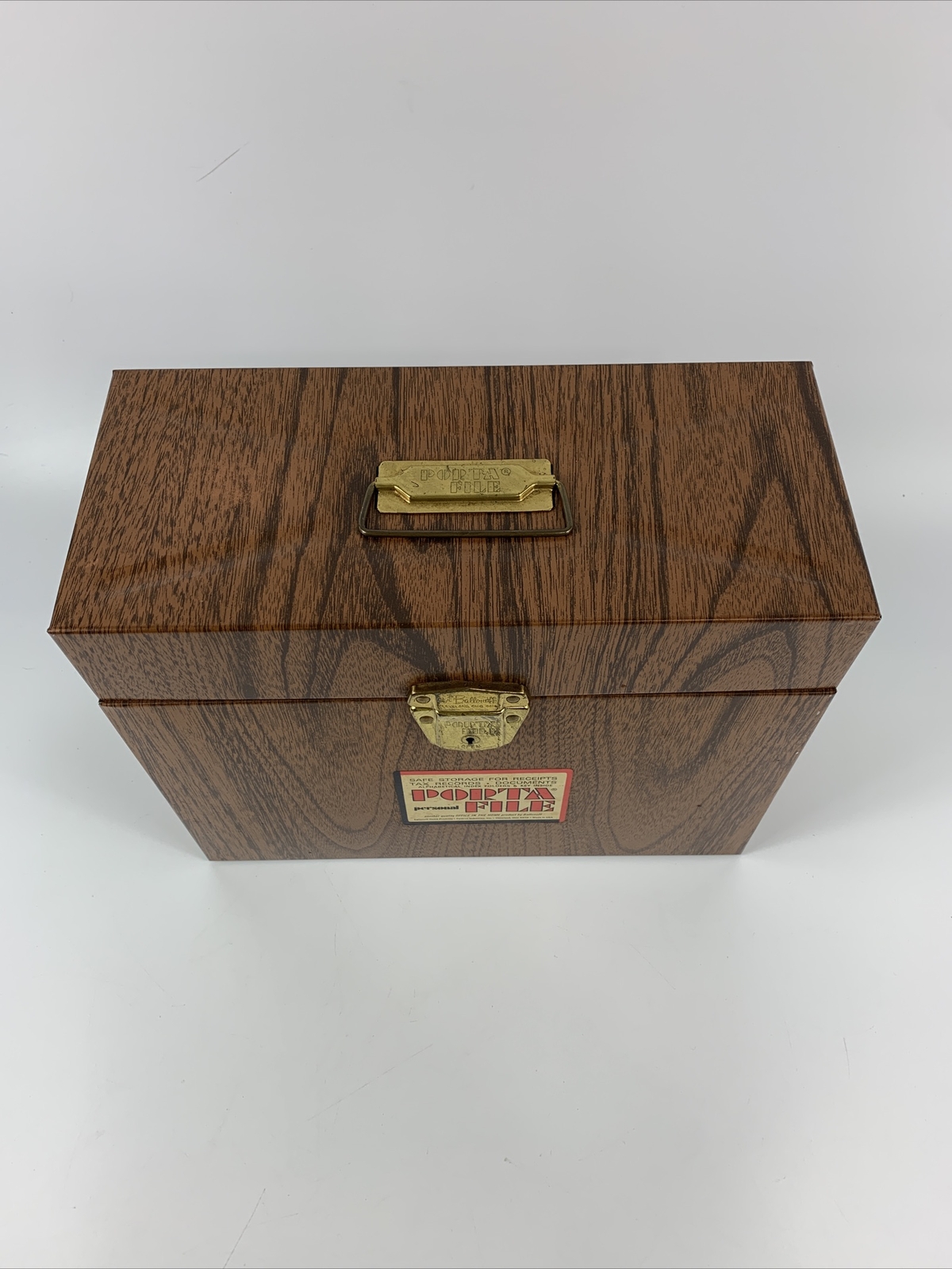 Vtg Porta File metal check file box Wood grain litho Mid century office ...