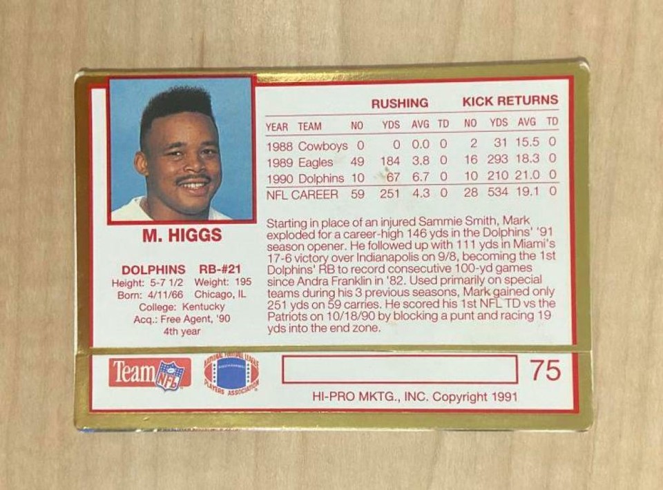 MARK HIGGS MIAMI DOLPHINS SIGNED AUTOGRAPHED 1991 ACTION PACKED CARD ...