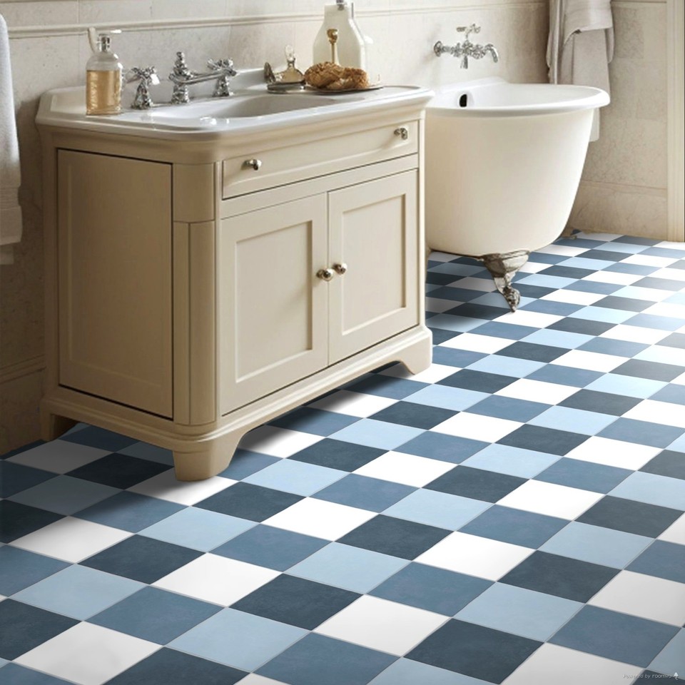 Blue & White Checkerboard Sheet Vinyl Flooring Lino Roll in Tile Effect ...