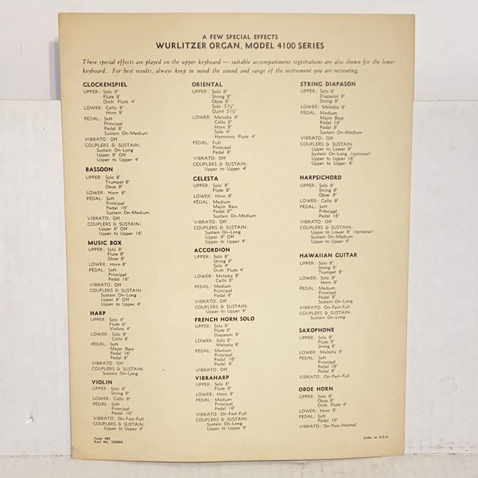 Vintage Wurlitzer Organ Model 4100 Series Special Effects Registration ...