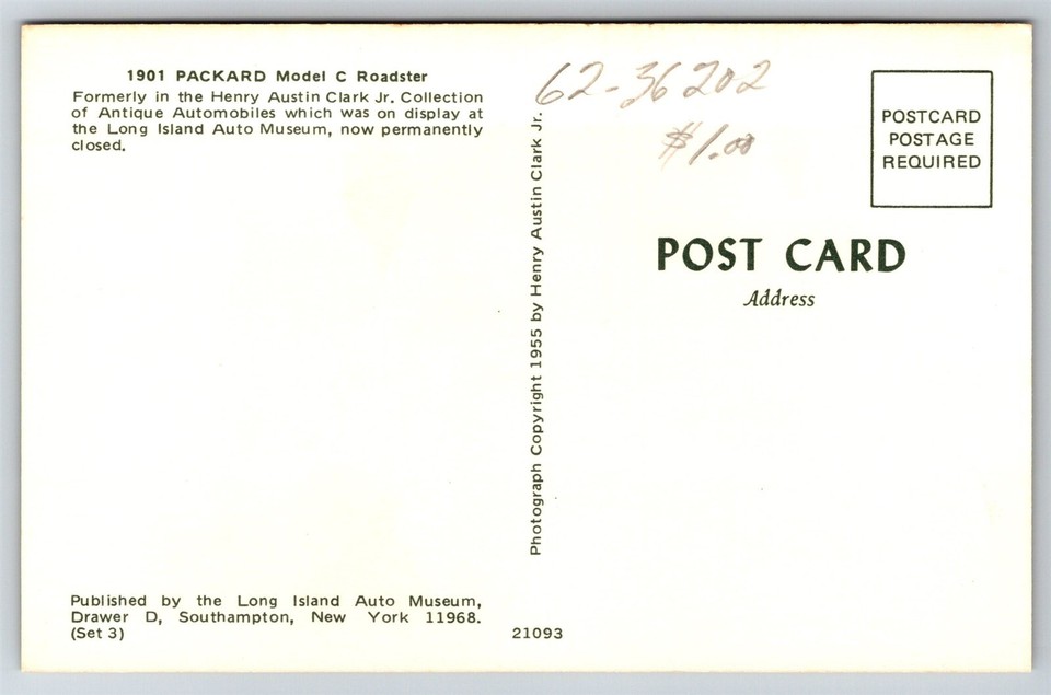 1901 Packard Model C Roadster Long Island Auto Museum NY Postcard F23 ...