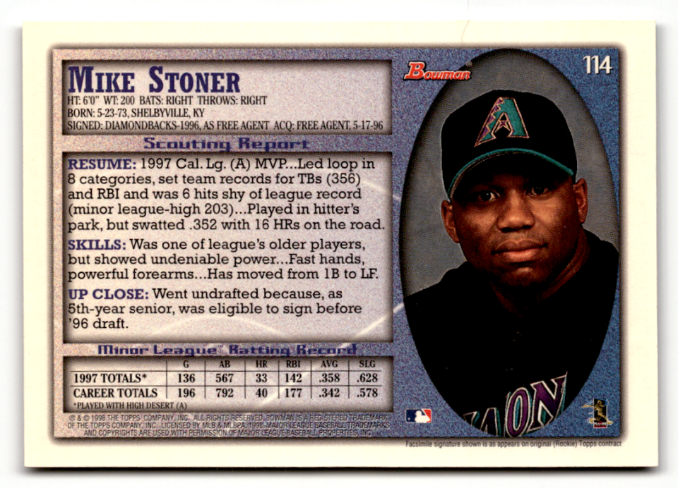 1998 Bowman #114 Mike Stoner NM Near Mint RC Rookie Diamondbacks ID ...