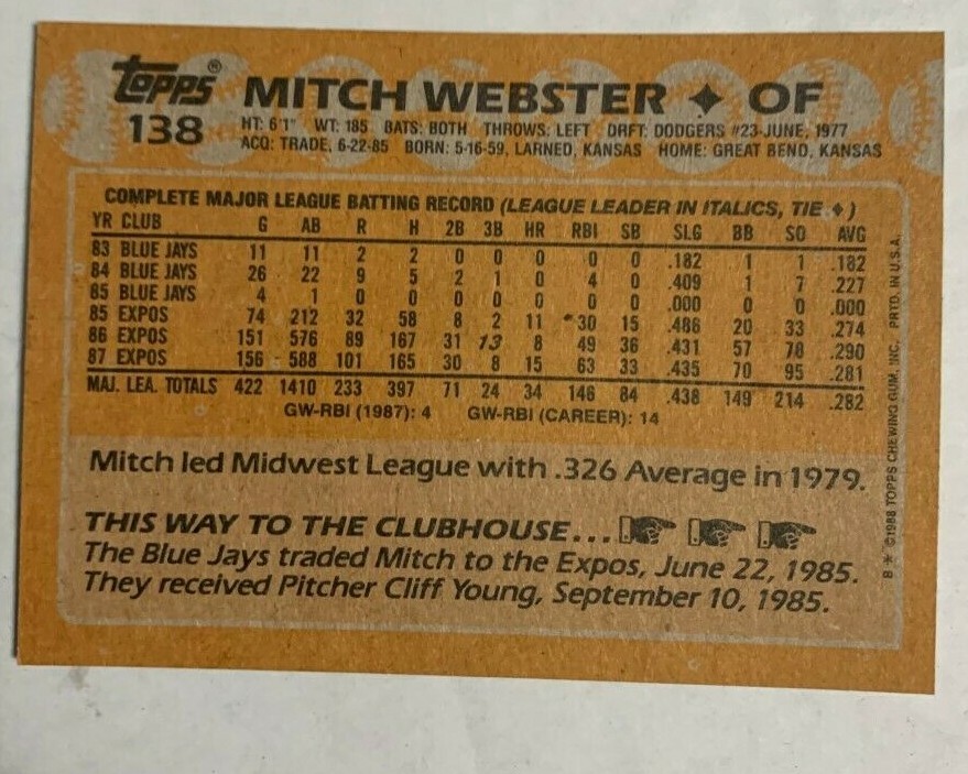 1988 Topps - #138 Mitch Webster for sale online | eBay