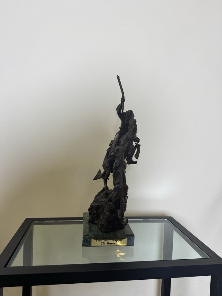 CM Russell Western Americana Bronze Lion and Trapper Sculpture Statue ...