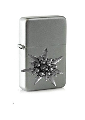 C1 Large Edelweiss emblem on a flip top petrol lighter windproof silver ...