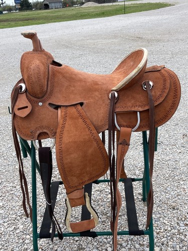 Western Ranch Rough Out Saddle with Leather Seat Cowboy Riding Tack 14 ...