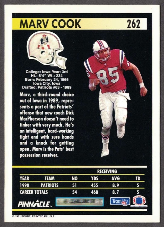 1991 Pinnacle #262 Marv Cook - New England Patriots | eBay