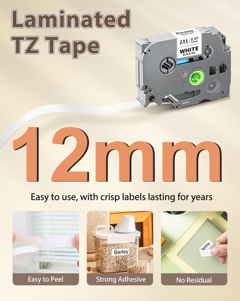 12mm 0.47 Laminated Black on White TZe TZ Tape Replace for Brother ...