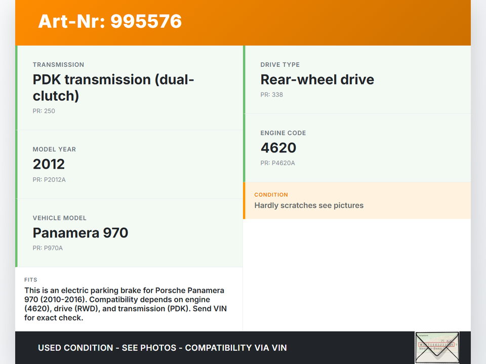 Electric Handbrake for Porsche Panamera 970 10-16 97061810910 131TKM ...