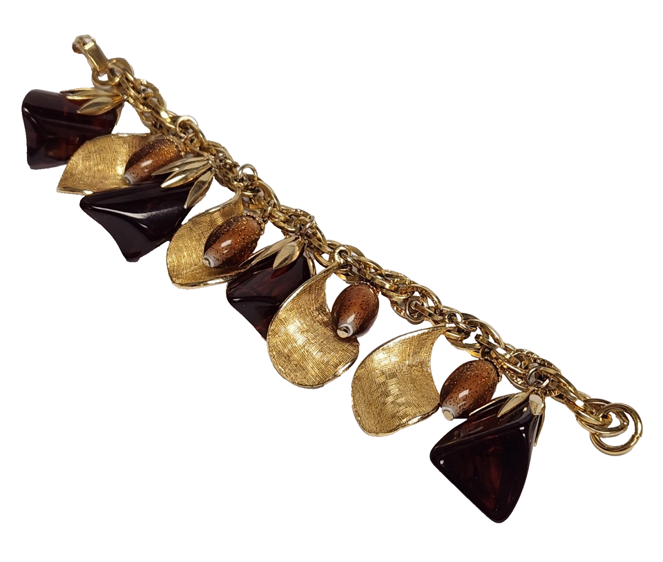 Vintage 1960's Gold Tone Brown Lucite Art Glass & Pod Rope Chain Charm ...