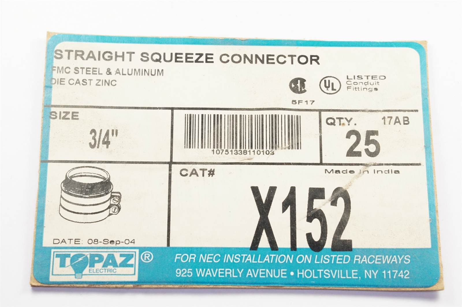 152 Topaz 3/4" Straight Squeeze Connector FMC Steel Aluminum Die Cast ...